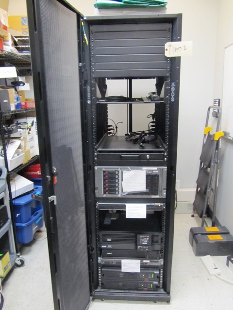 APC 42U Rack with KVM Switch, (5) Battery Backups, (3) Servers, Power ...