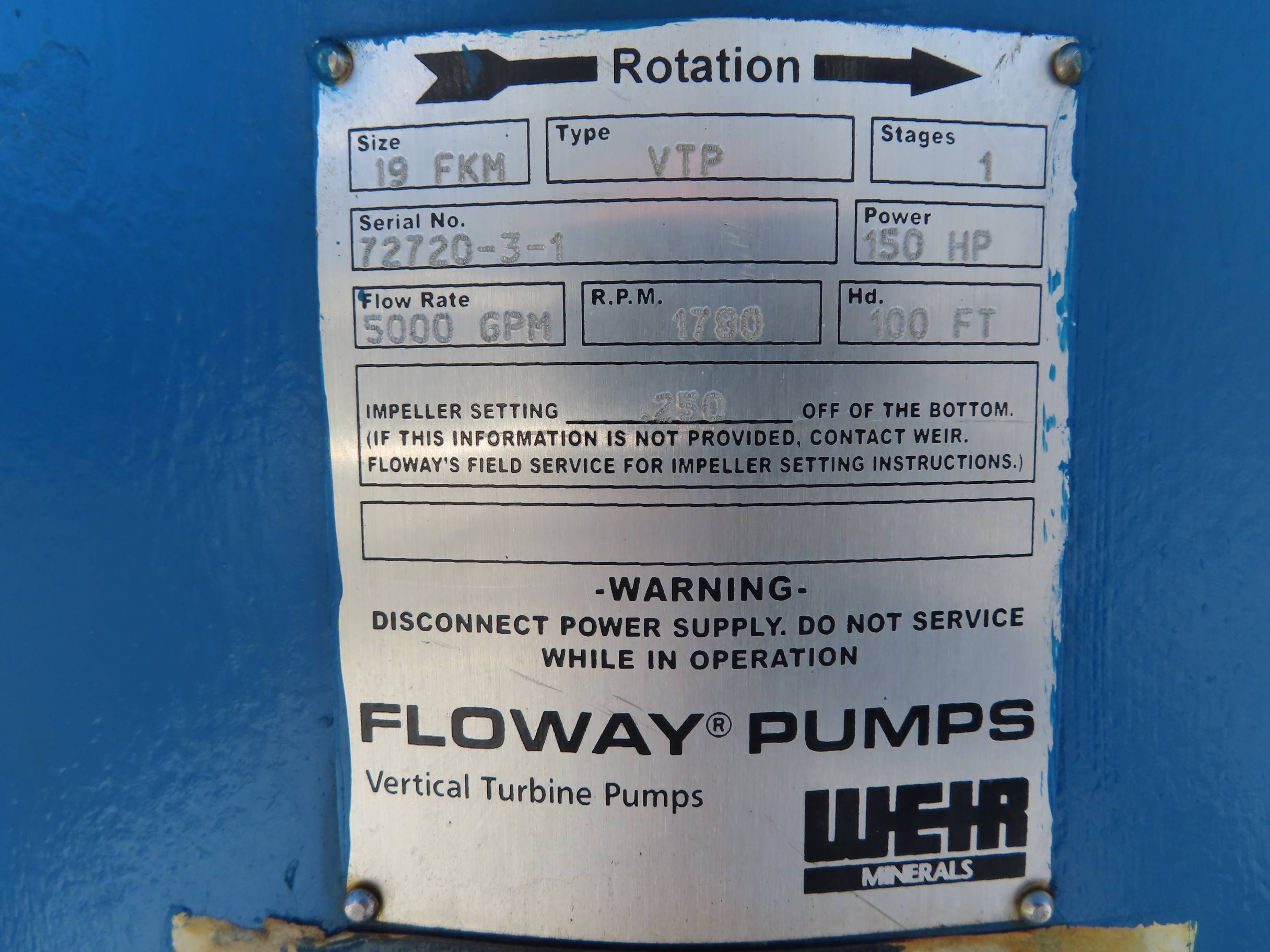 Floway verticle turbine pump, size 19 FKM, type VTP, 150 hp, 5000 gpm ...