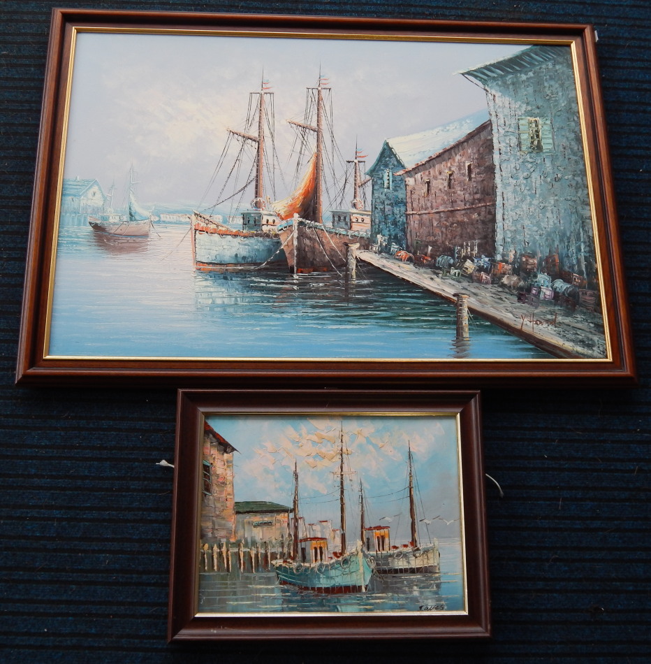 Y. Howard. Boats at harbour, oil on canvas, signed lower right, 60cm x ...