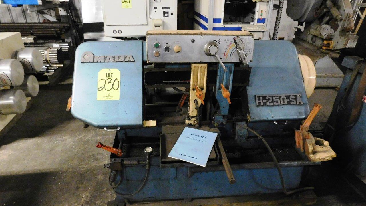 AMADA H-250-SA HORIZONTAL BANDSAW, BLADE: 1"X138", W/EXTENSION ROLLER ...