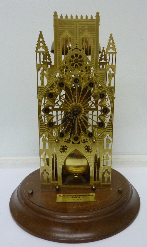 A York Minster Cathedral skeleton clock with glass dome and stand