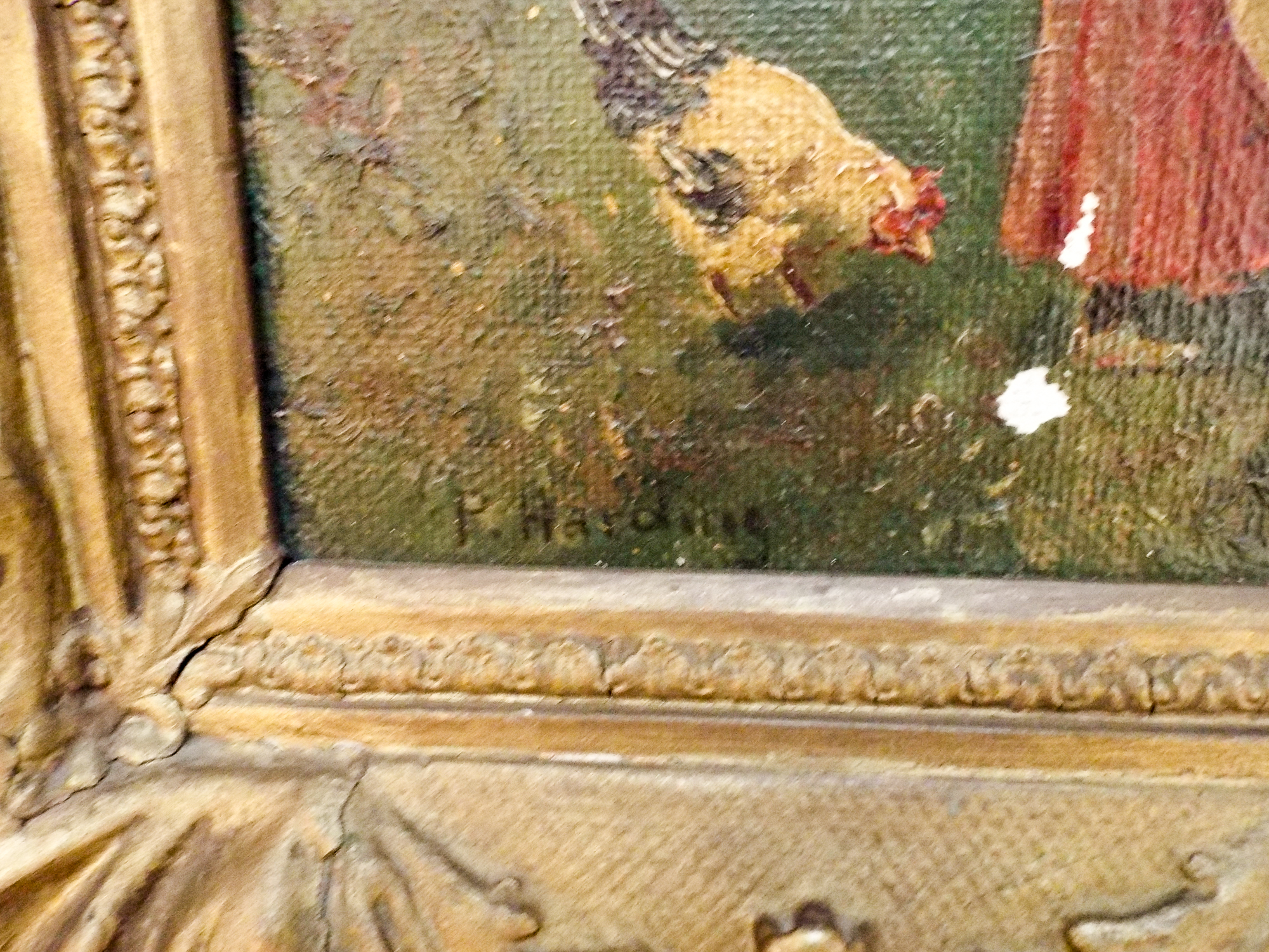 A Victorian oil painting of a lady feeding chickens in a heavy gilt ...