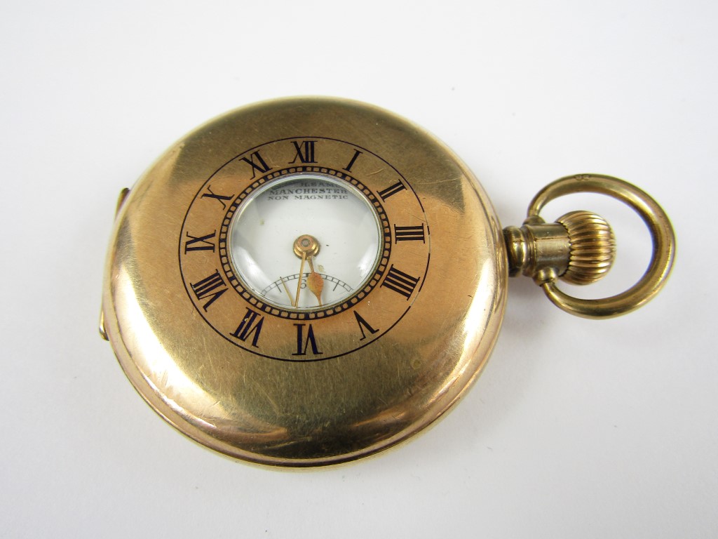 An Everite rolled gold half hunter pocket watch retailed by H Samuel of ...