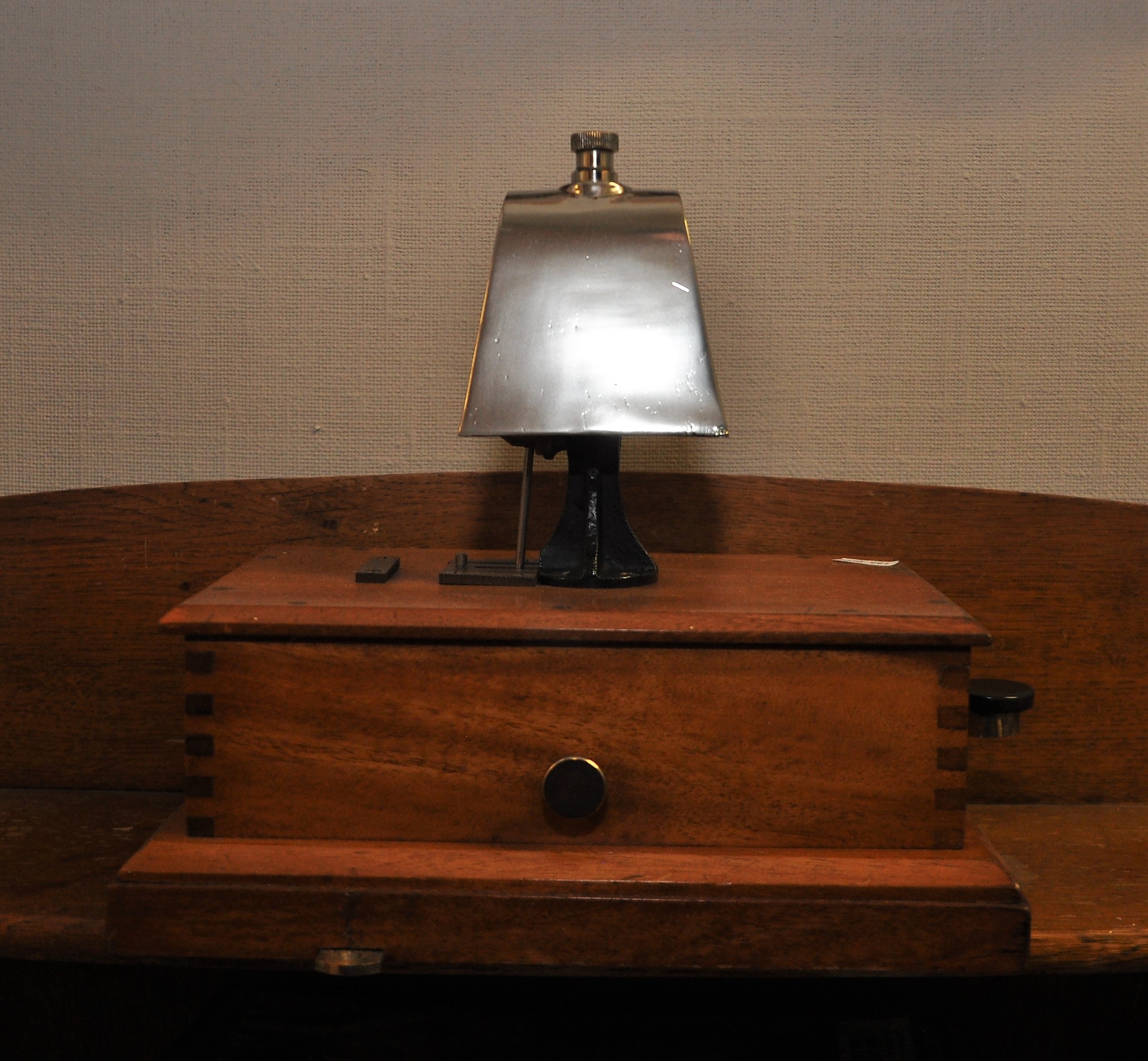 VINTAGE RAILWAY SIGNAL BOX BELL , WITH WOODEN CASE , BELL & TAPPER
