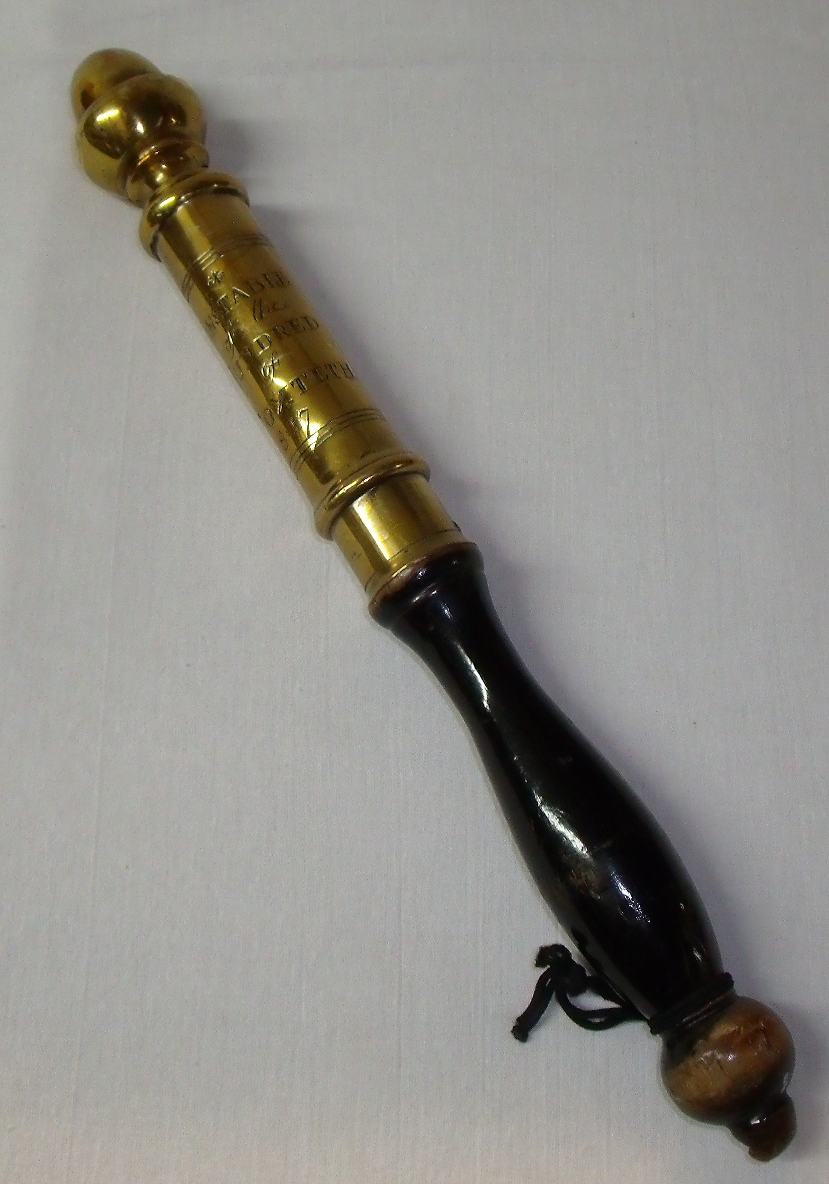 Large brass tip staff with ebonised turned wood handle engraved ...