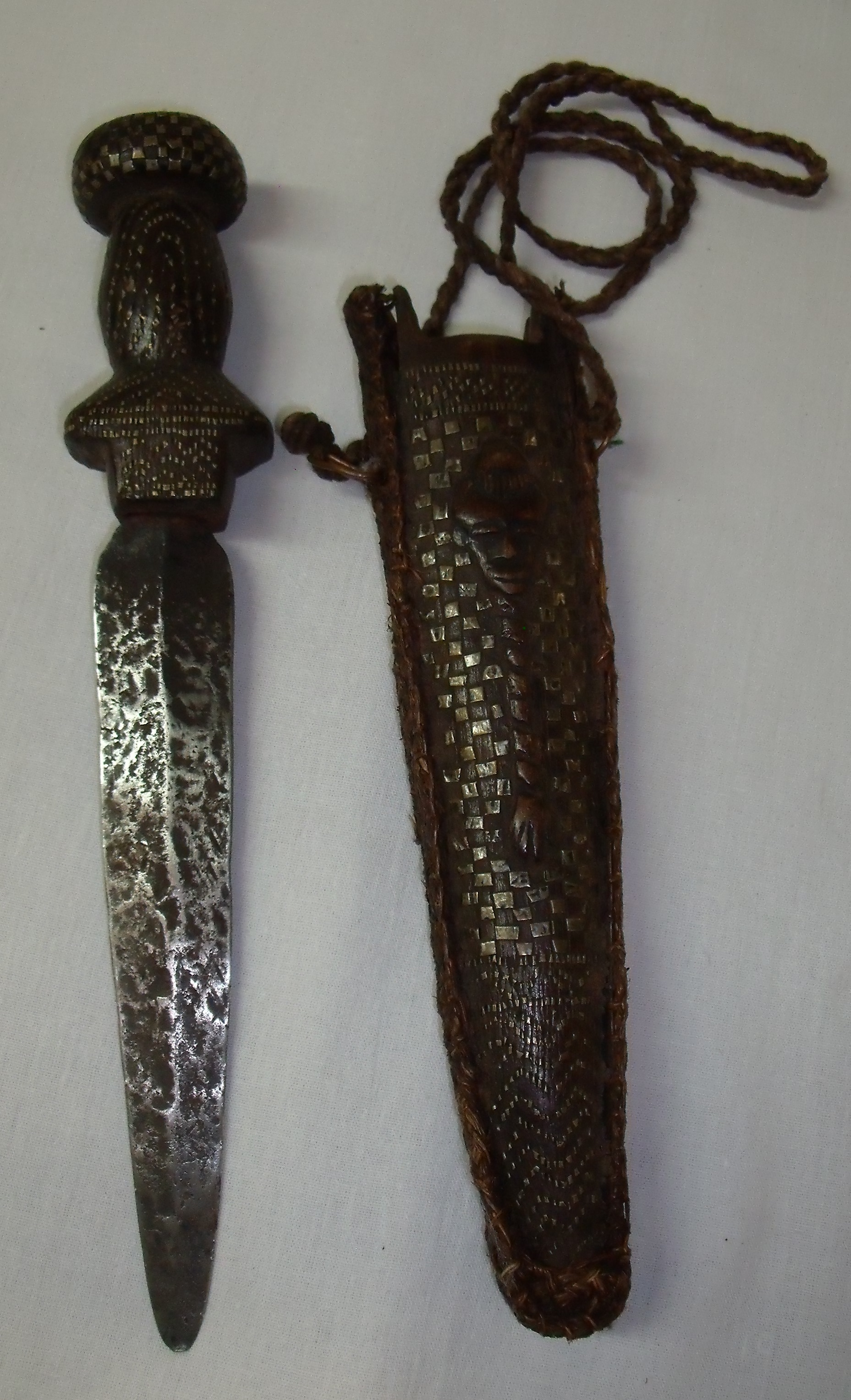 19th C African dagger with 8inch double edged blade with wooden grip ...