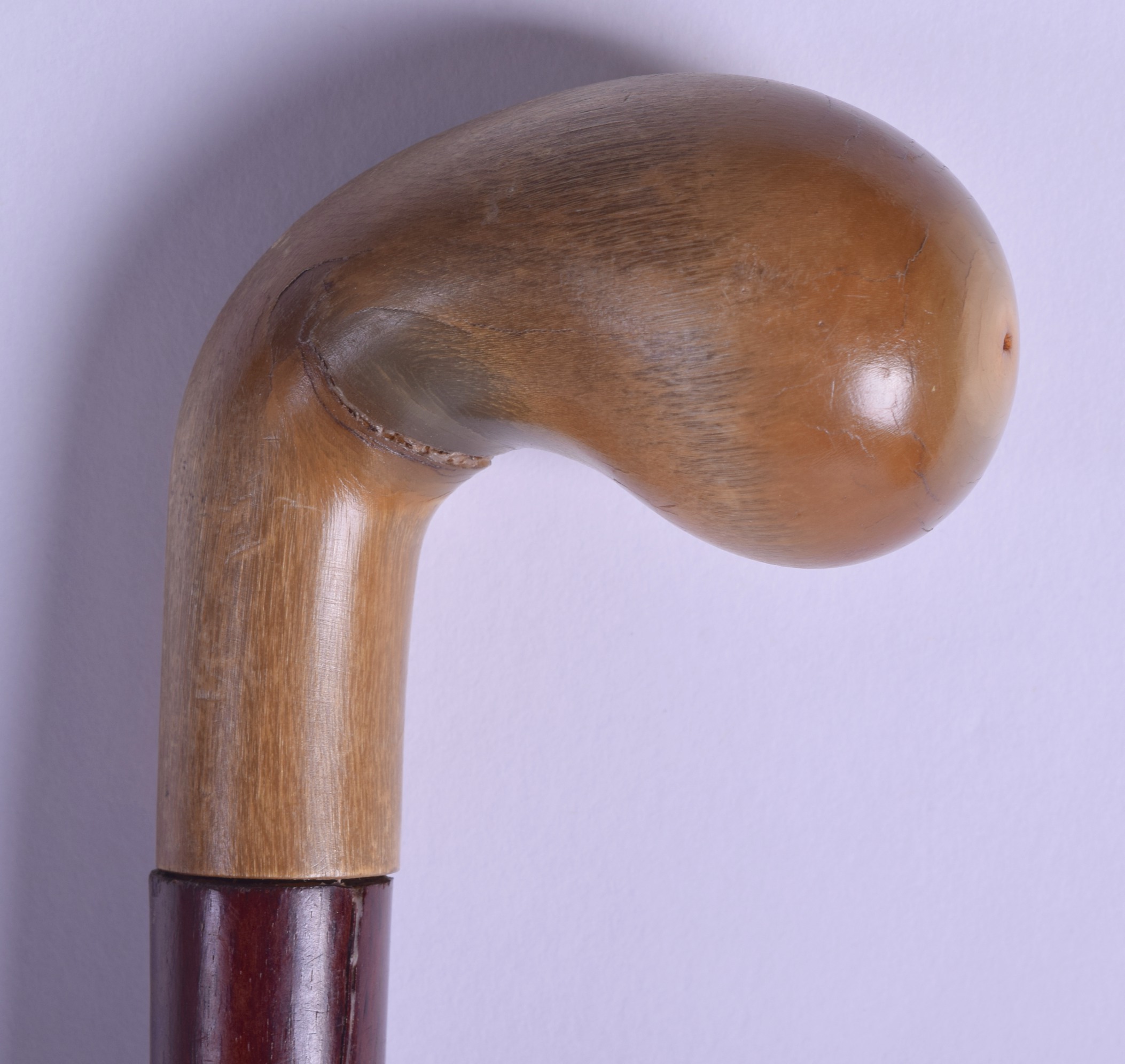 A 19TH CENTURY CARVED RHINOCEROS HORN HANDLED WALKING CANE with turned ...