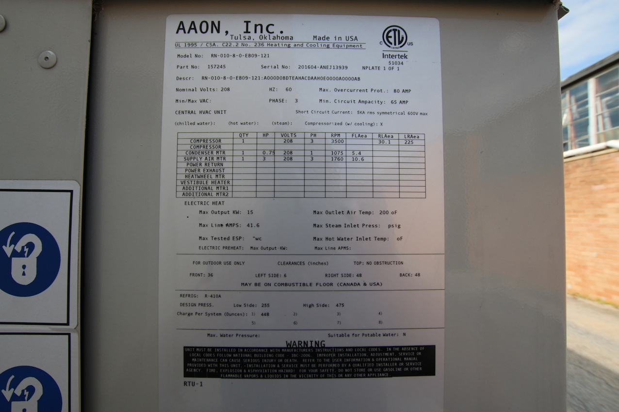 2016 AAON 10-Ton Air Handling System Model RN-010-8-0-EB09-121, S/N ...