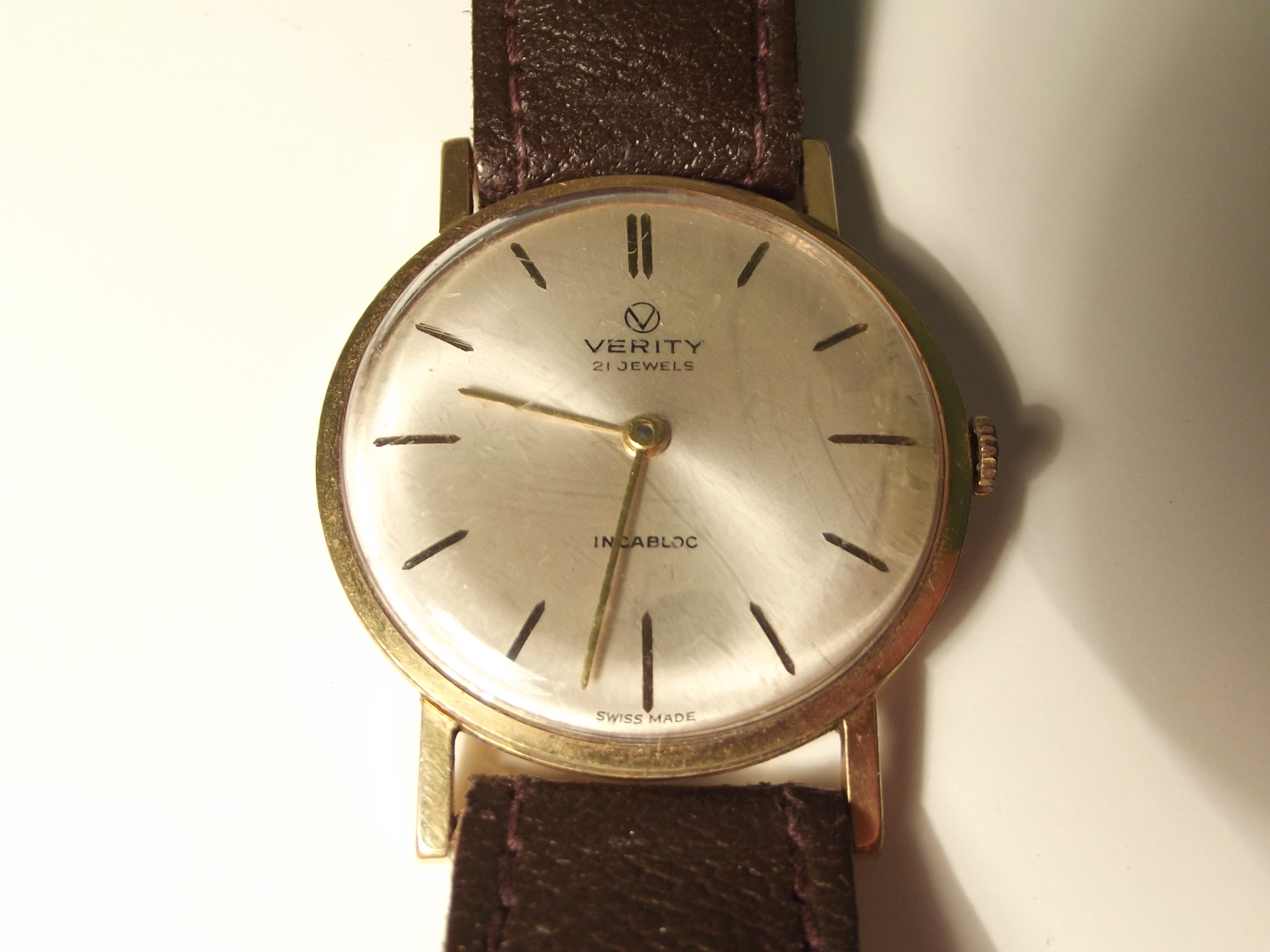 Verity 21 jewels incabloc mechanical wrist watch with leather strap.