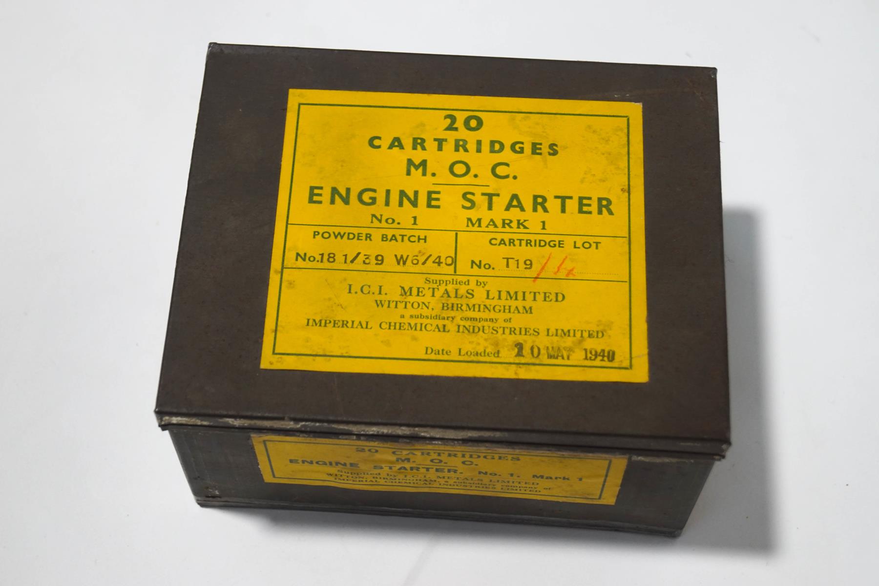 WWII empty box of aircraft engine starter cartridges, dated May 1940 ...