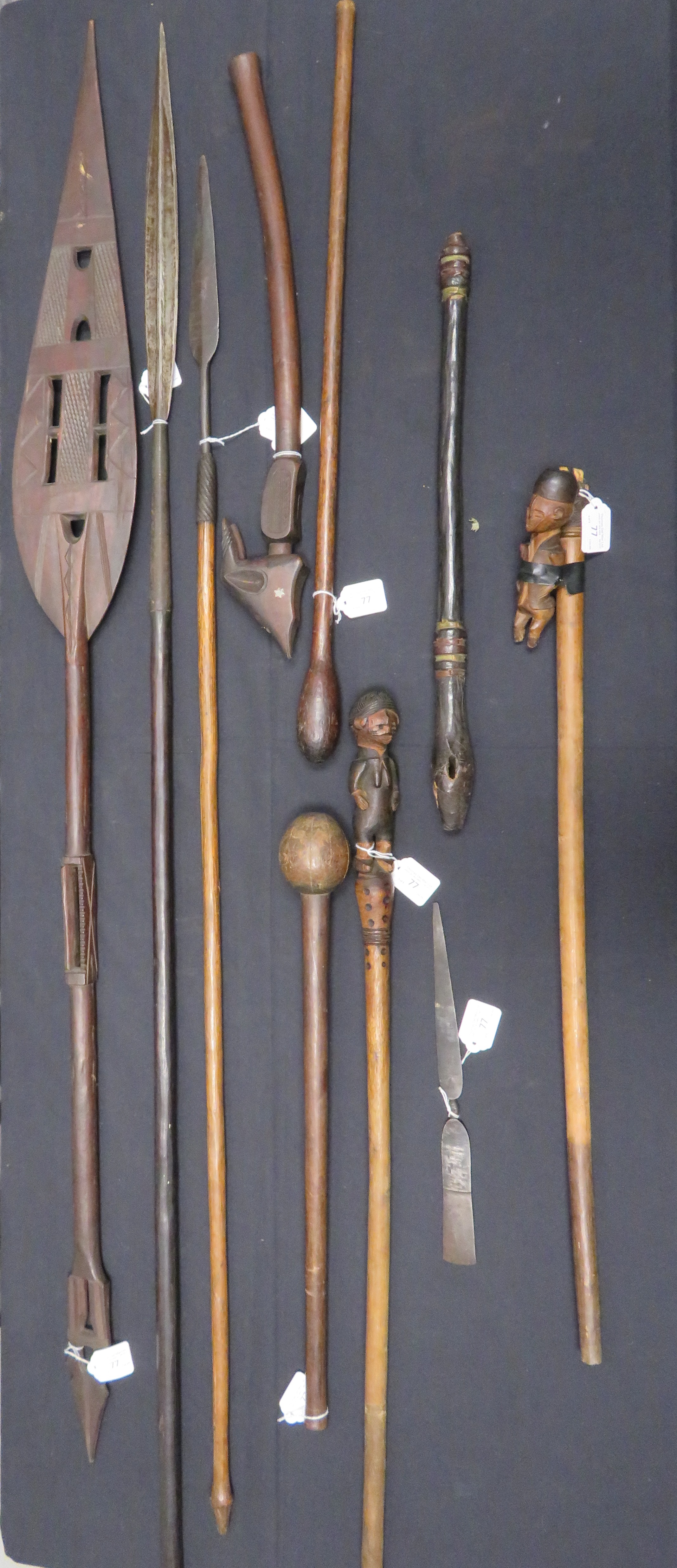 TWO AFRICAN CLUBS (KNOBKERRY), AN AFRICAN AXE, AN AFRICAN SPEAR, A ...