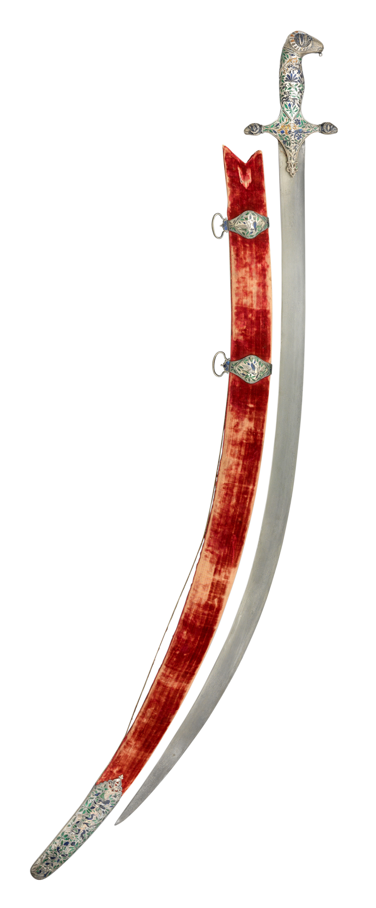 A FINE INDIAN SWORD (SHAMSHIR) WITH ENAMELLED SILVER HILT, LUCKNOW ...