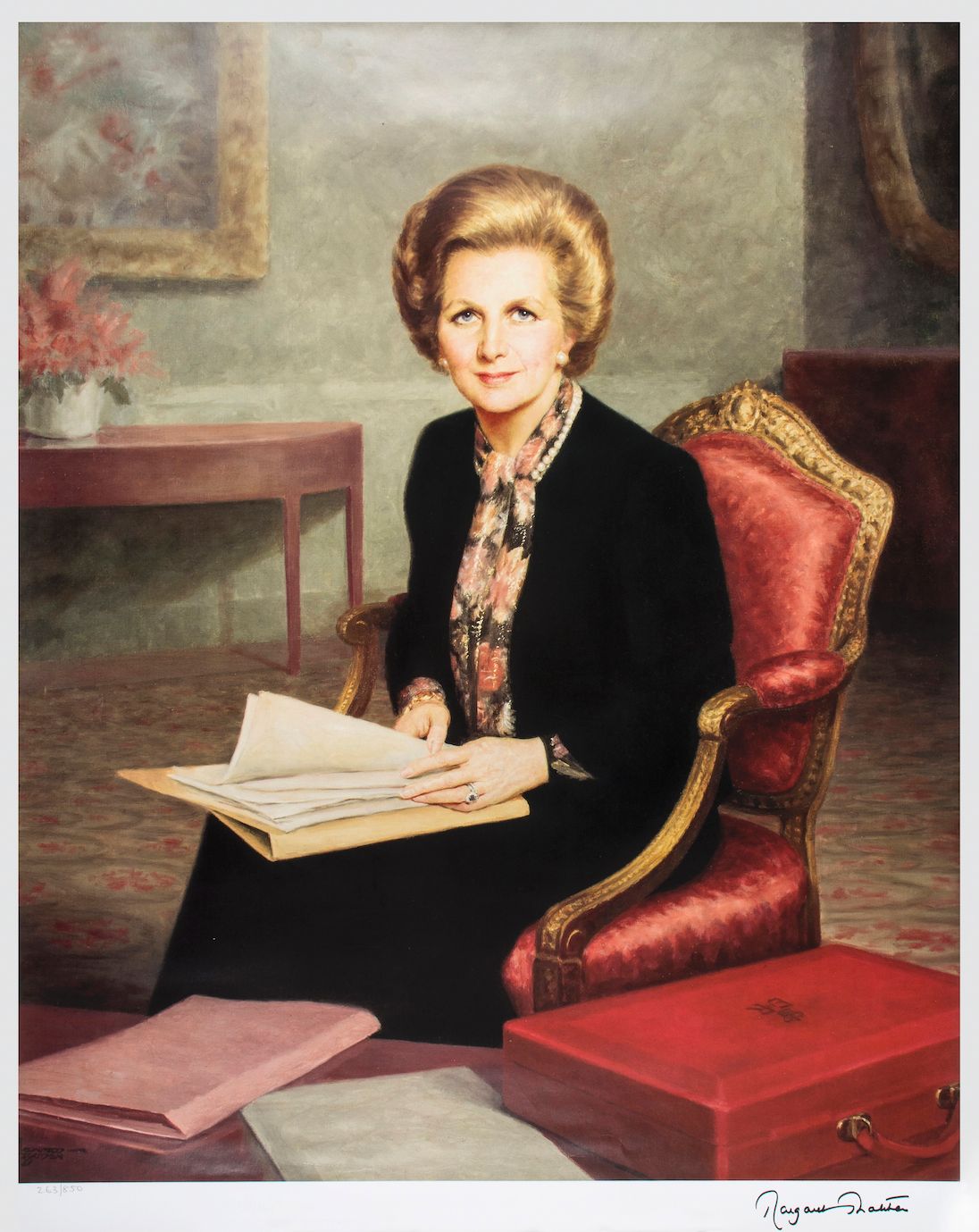 Large colour print of Margaret Thatcher sat working on cabinet papers ...