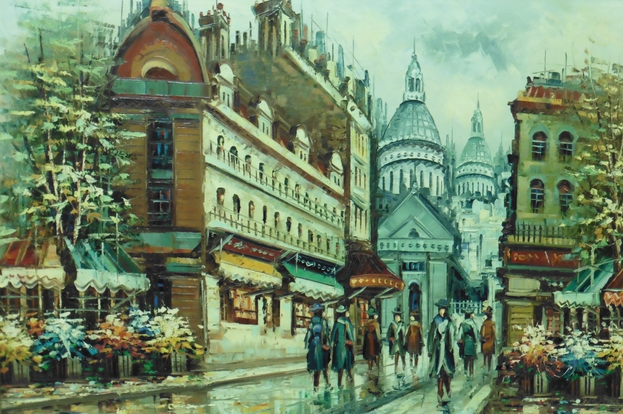 N. Spence - oil on canvas, European city street scene with stylized ...