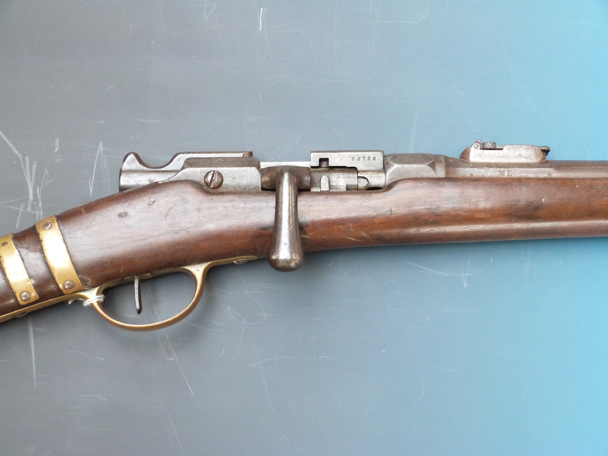 A Gras bolt-action rifle marked M1874 and M80 St Etienne with captive ...