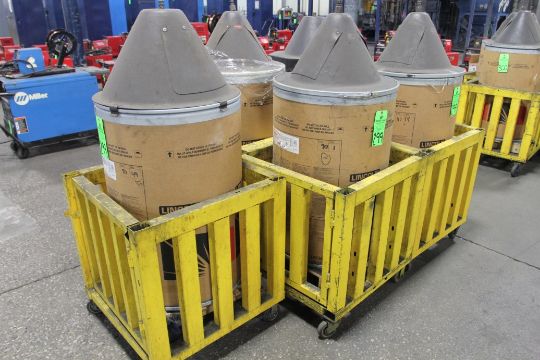 Lot of (5) Lincoln Superarc L-50 .035" Welding Wire Drums w/ Drum Dolly