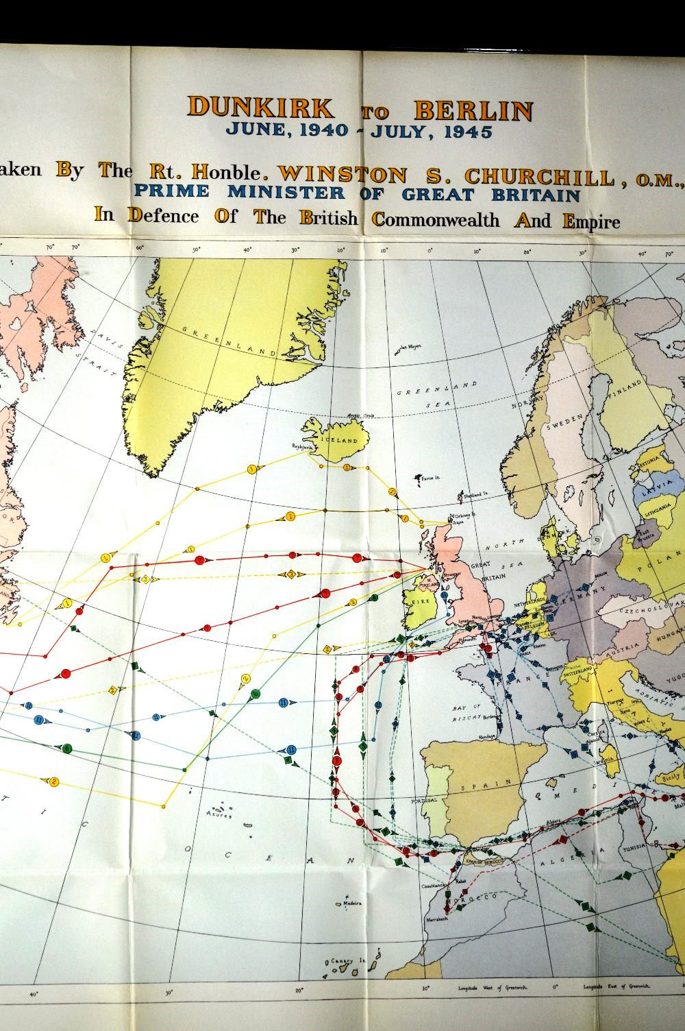 Stunning huge framed map detailing Sir Winston Churchill Journeys ...
