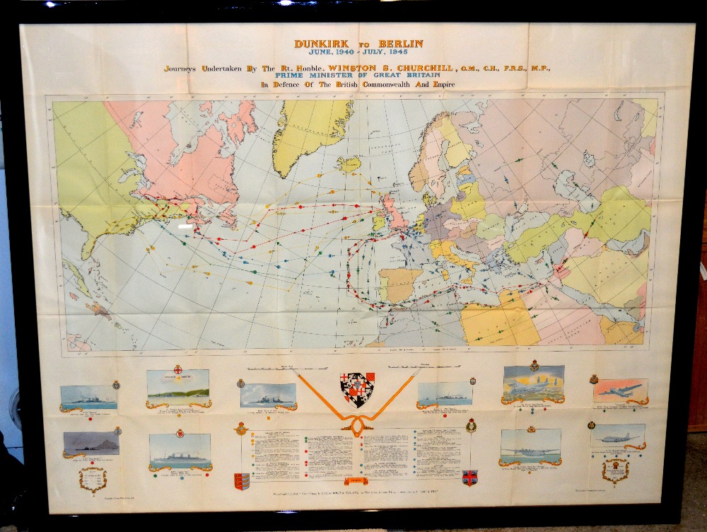 Stunning huge framed map detailing Sir Winston Churchill Journeys ...