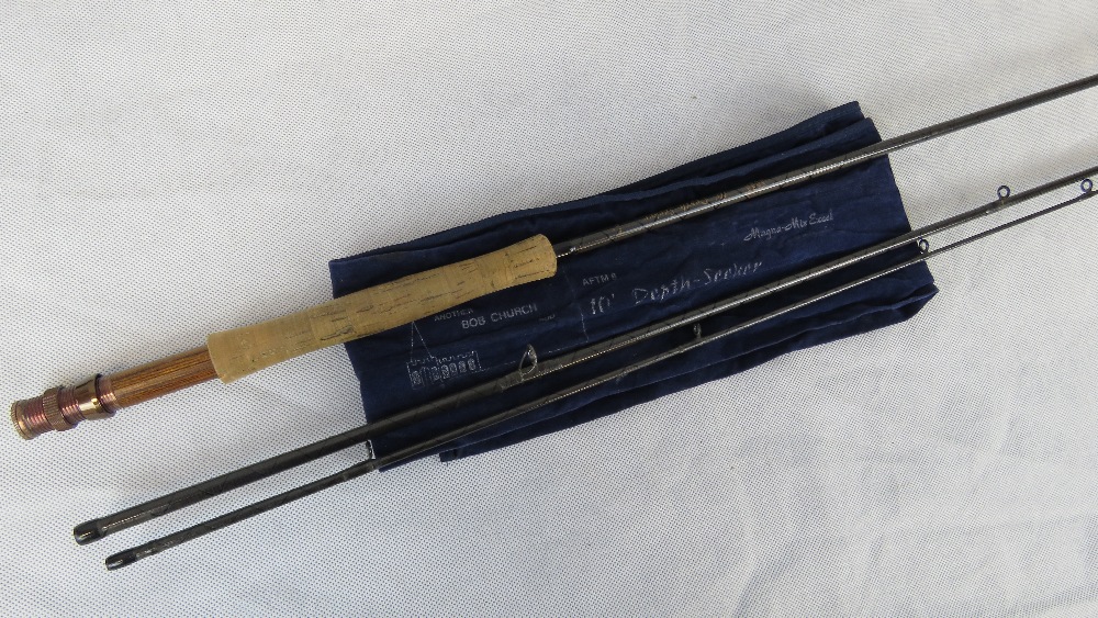 A Bob Church 10' Depth Seeker 3 piece fly fishing rod with soft case.