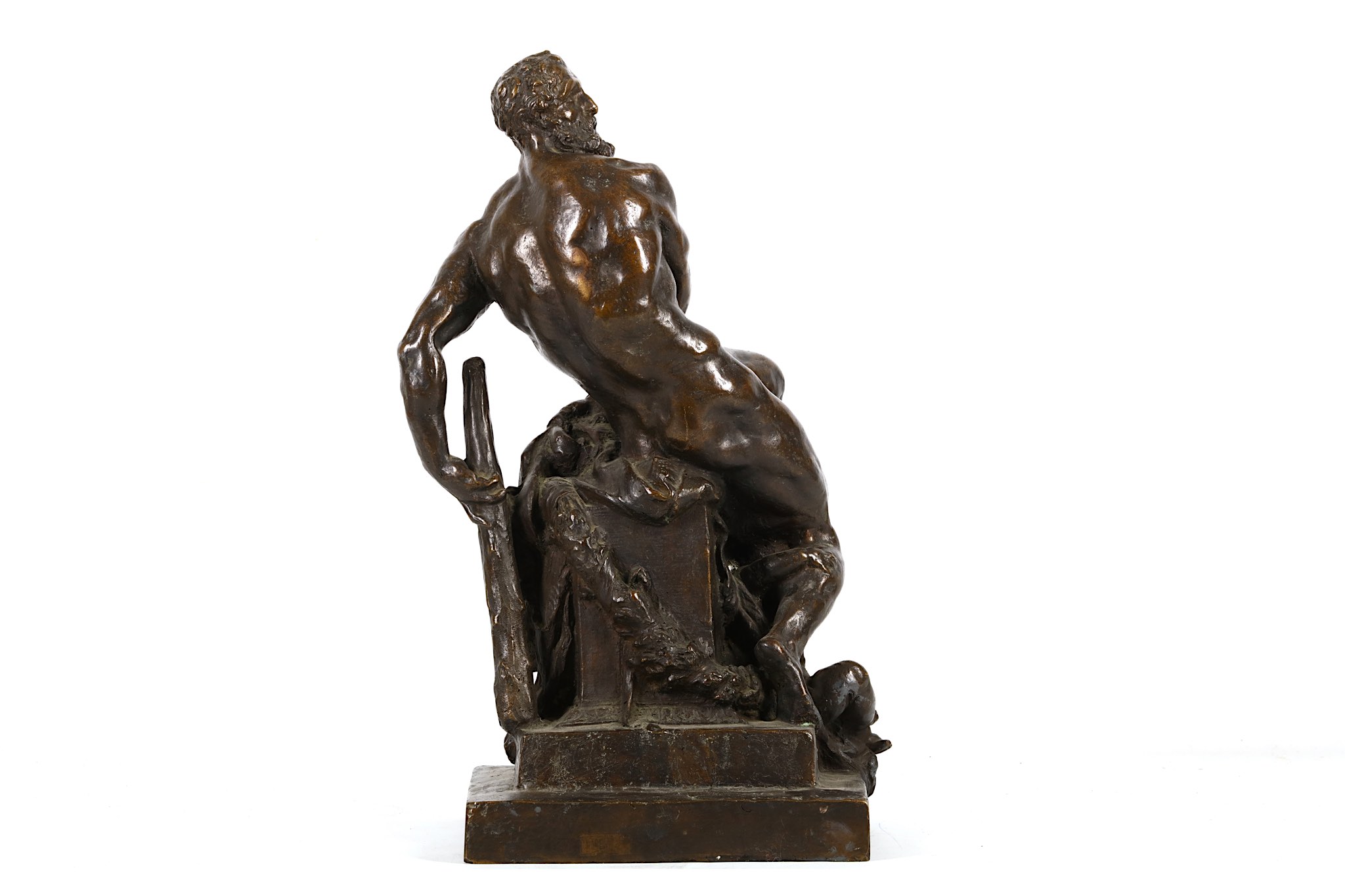 A 16TH CENTURY STYLE BRONZE FIGURE OF HERCULES RESTING IN THE MANNER OF ...
