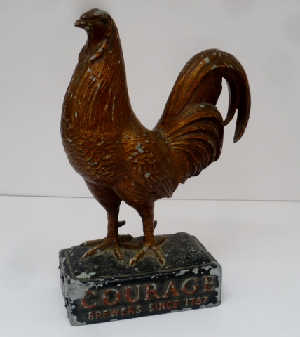 A spelter cockerel Courage Brewery advertising figure.