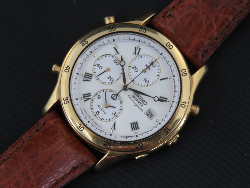 A Seiko gold plated Quartz Chronograph strap watch, cream dial, Roman ...
