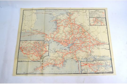 A vintage Great Western Railway map, printed in red, blue and black, by ...