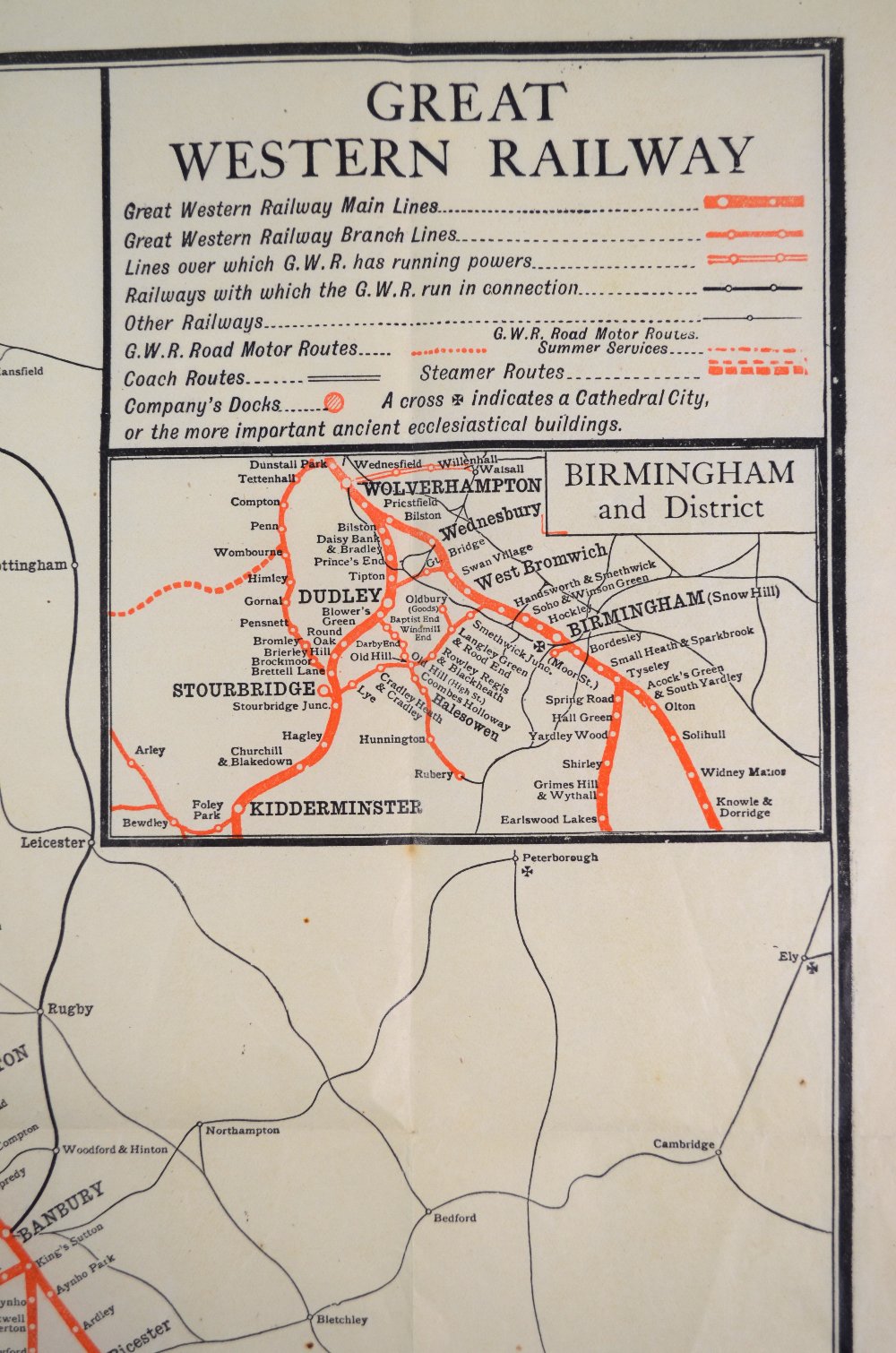A vintage Great Western Railway map, printed in red, blue and black, by ...