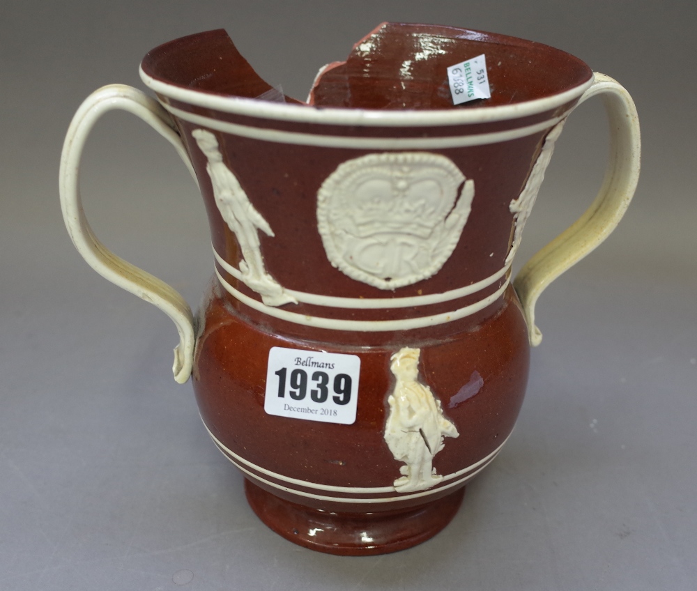 A Staffordshire redware two-handled loving cup, mid 18th century, of ...