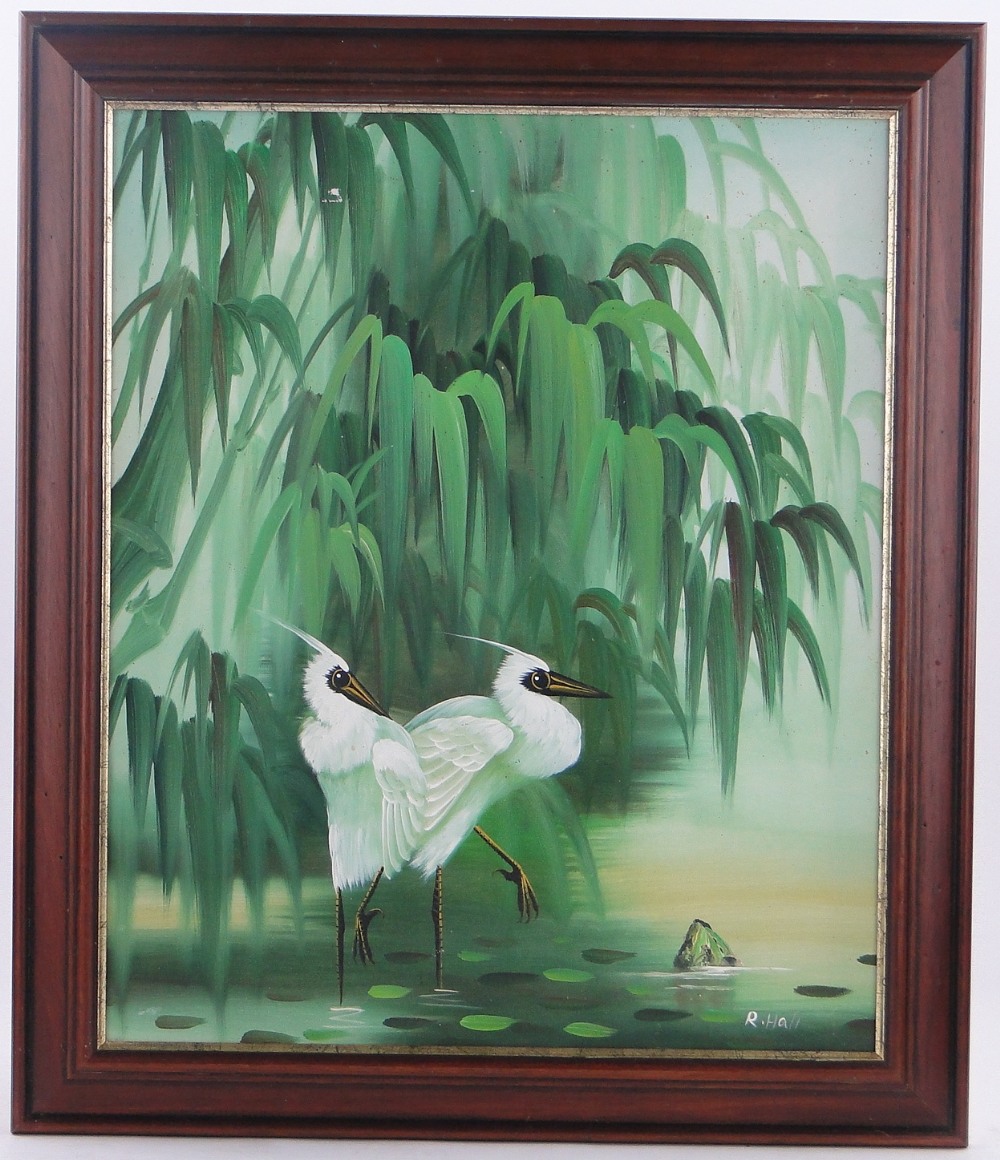 R Hall oil on canvas, Egrets, signed, 24" x 20" framed