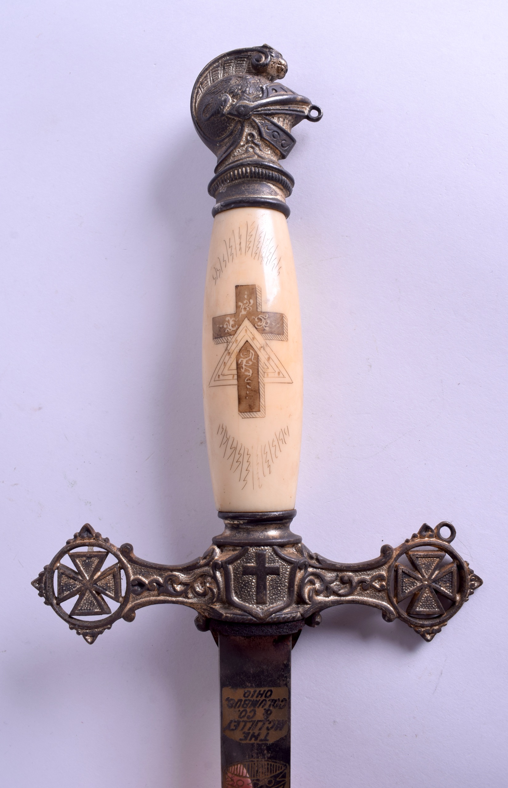 A 19TH CENTURY MASONIC CARVED IVORY HANDLED SWORD decorated with a ...