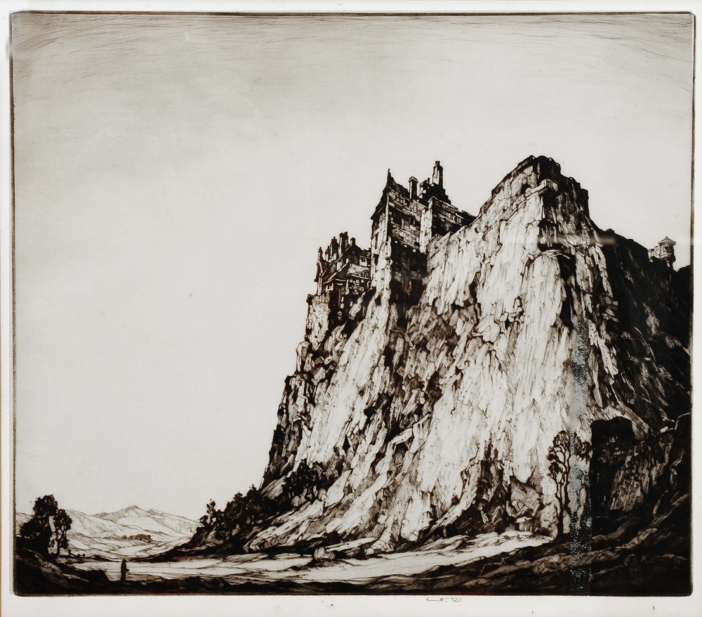 KENNETH STEEL (1906-1973) Cliff side with buildings, etching, pencil ...