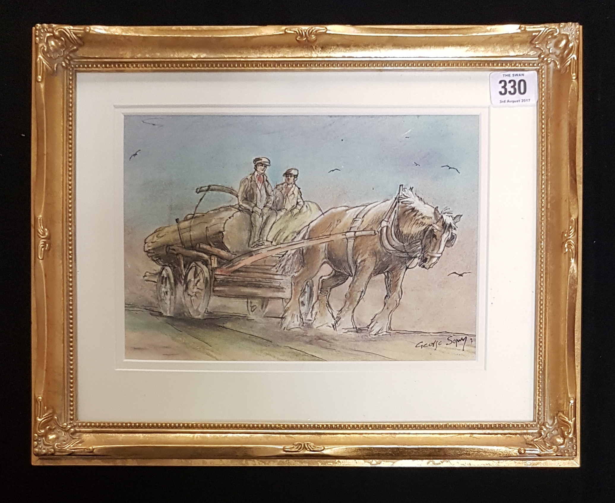 GEORGE SOPER, 1870 - 1942, WATERCOLOUR Two man on a horse and cart ...