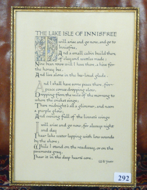FRAMED POEM, "THE LAKE ISLE OF INNISFREE" BY W.B. YEATS.