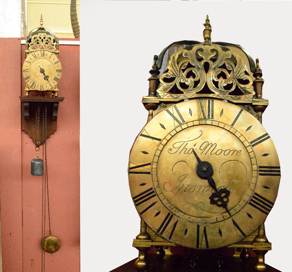 THOMAS MOORE, IPSWICH; a 19th century brass weight driven lantern clock ...