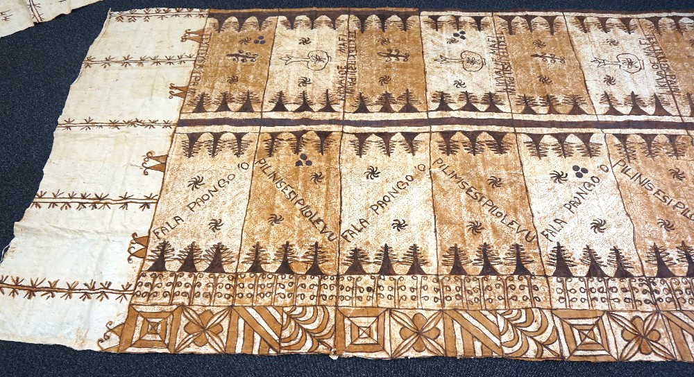 TONGAN TAPA CLOTH decorated with panels bearing the script Fala Paongo ...