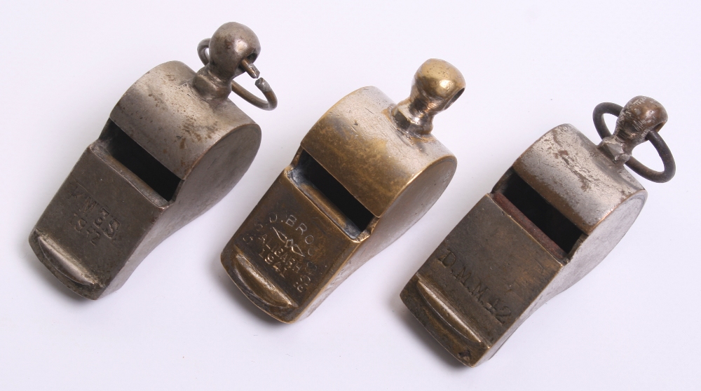 Three Unusual WW2 Whistles being thunderer types made by KMGS 1942, D.M ...