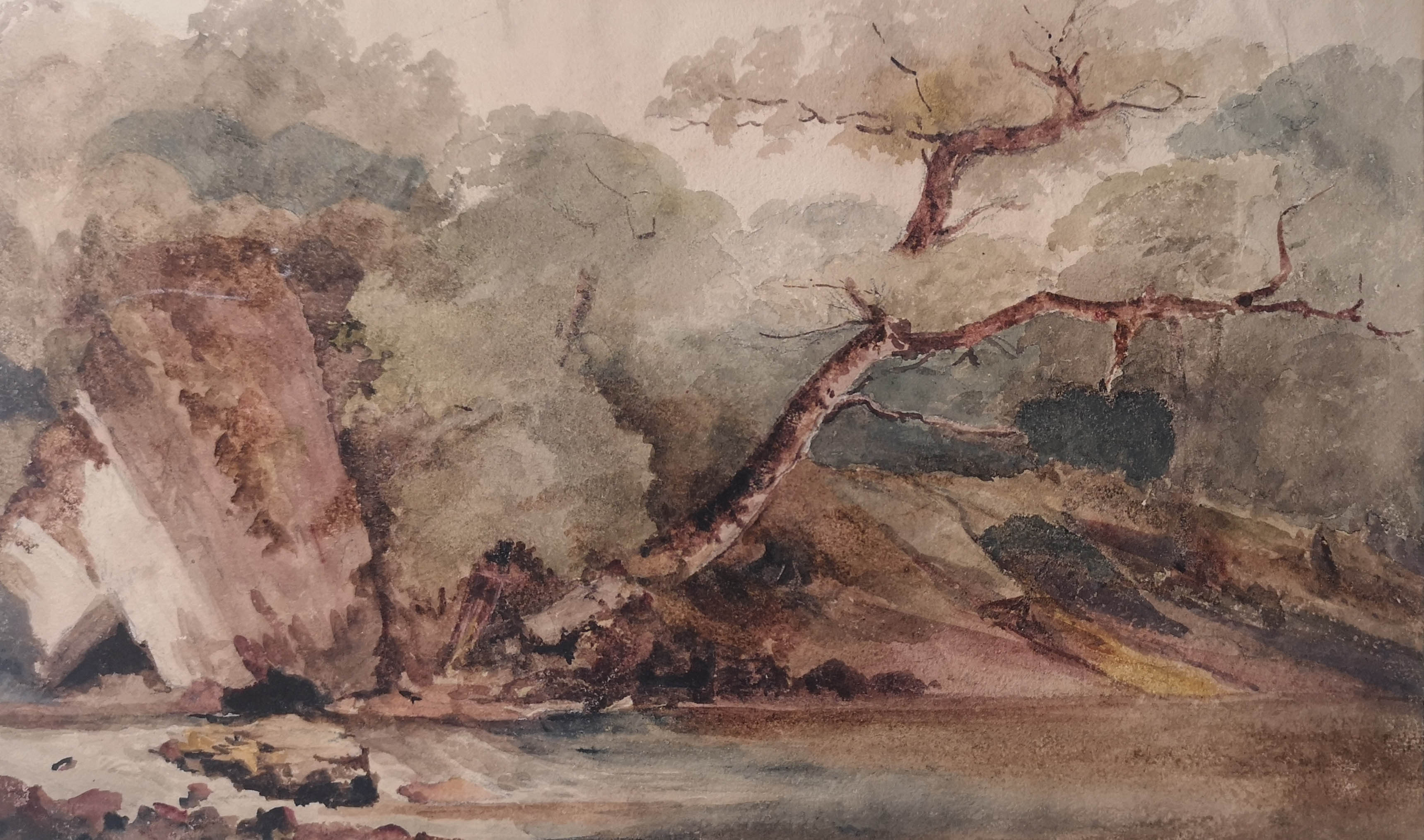 PETER DE WINT, 1784 - 1849, WATERCOLOUR Wooded river landscape ...