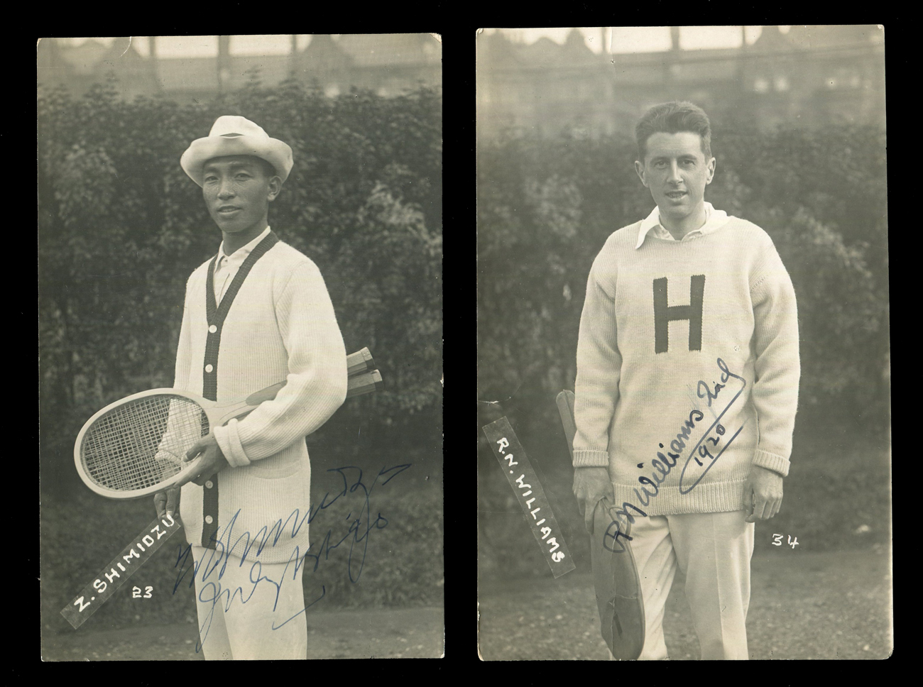 A group of 6 photographic postcards of 1920s tennis players, 4 signed ...