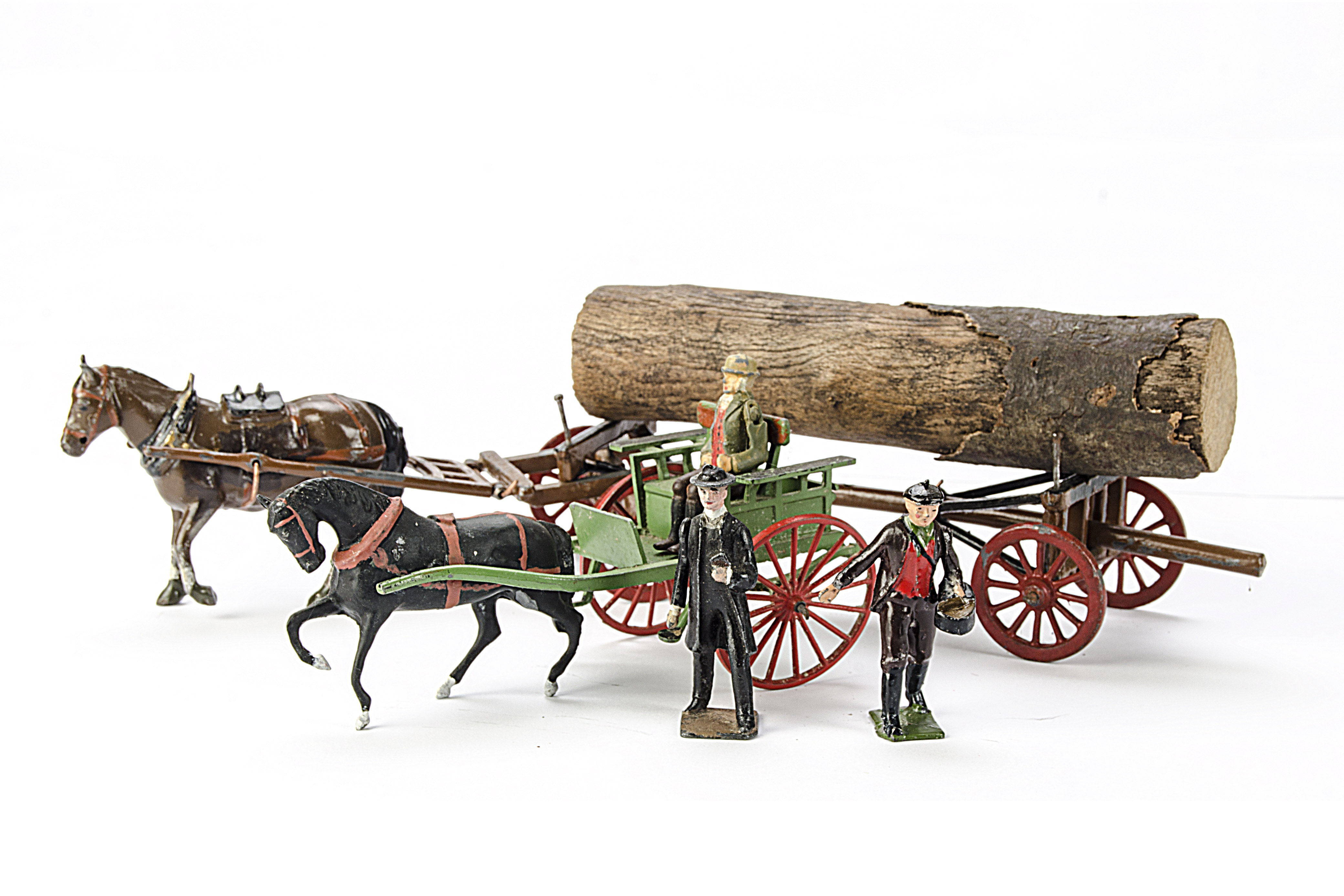 Britains loose farm vehicles including log wagons (2), farmers gigs (2 ...