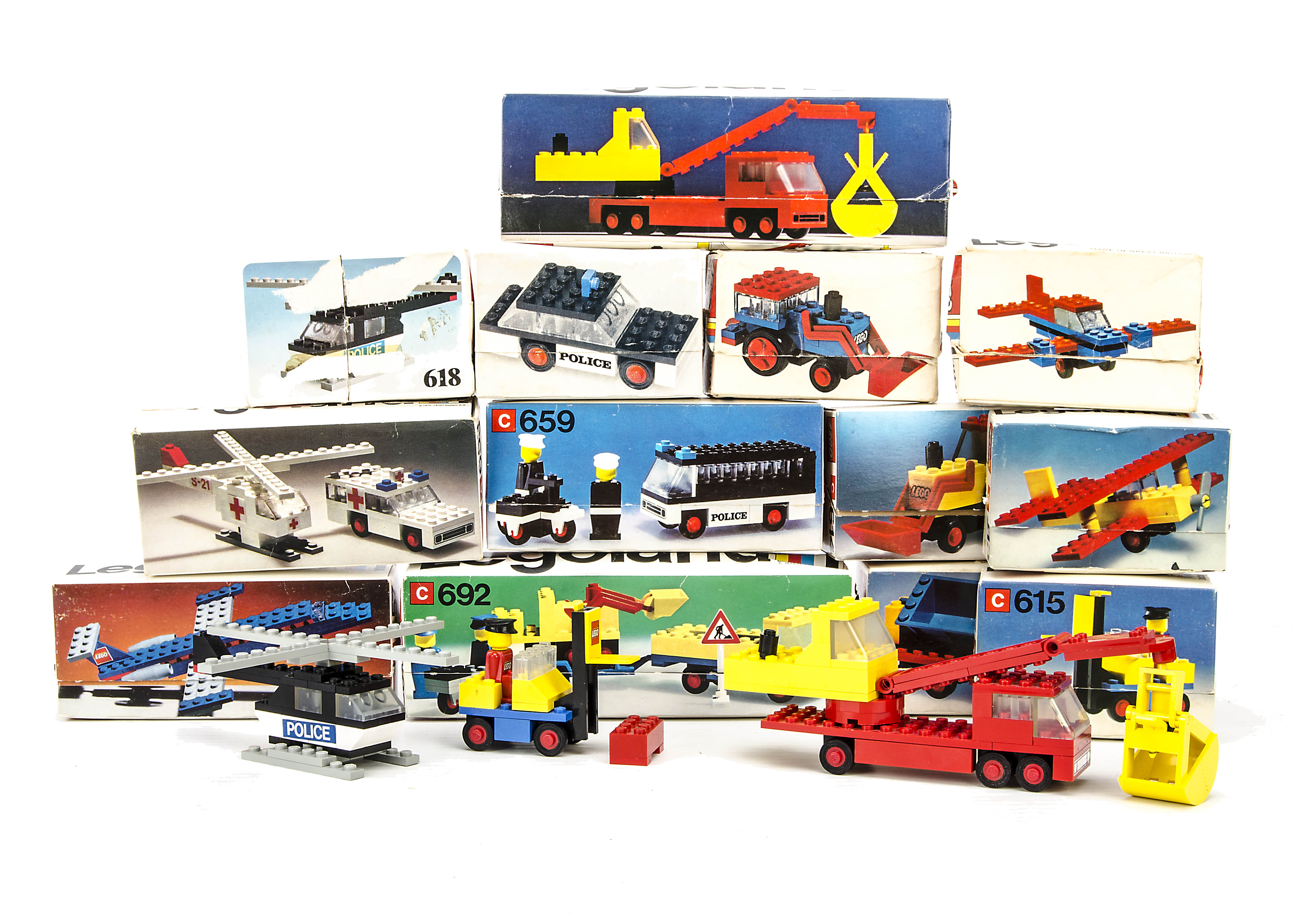 1970s Lego small Vehicle and Aircraft models: 604 Digger, 611, Police ...