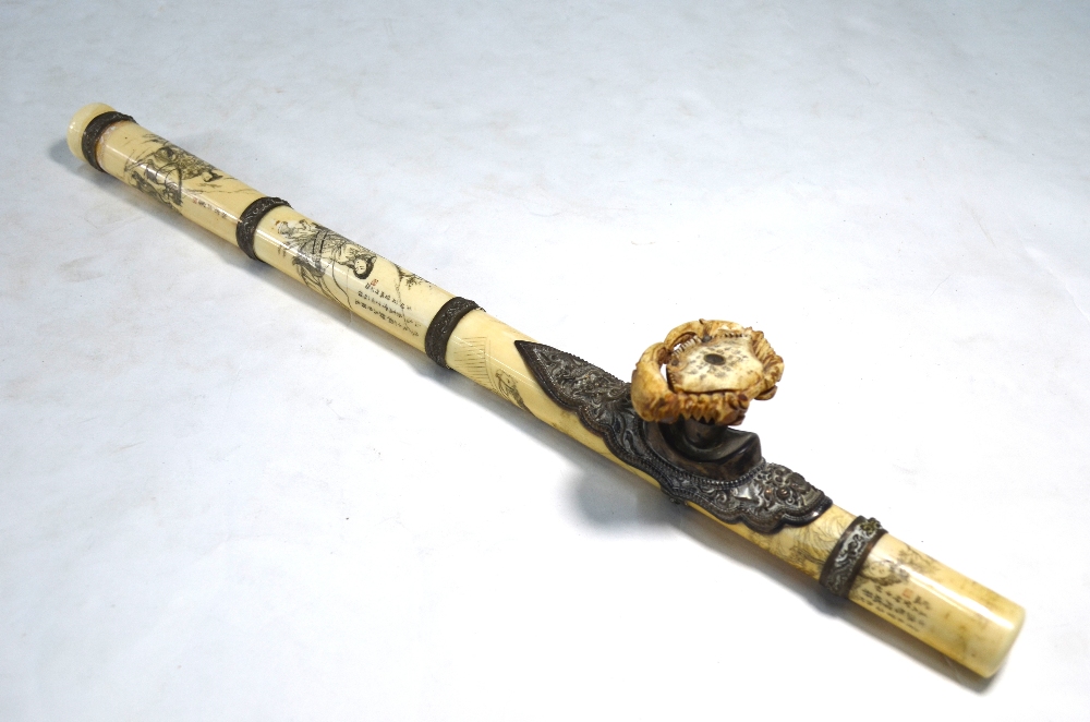 A Vietnamese ivory opium pipe with finely-chased and embossed white ...