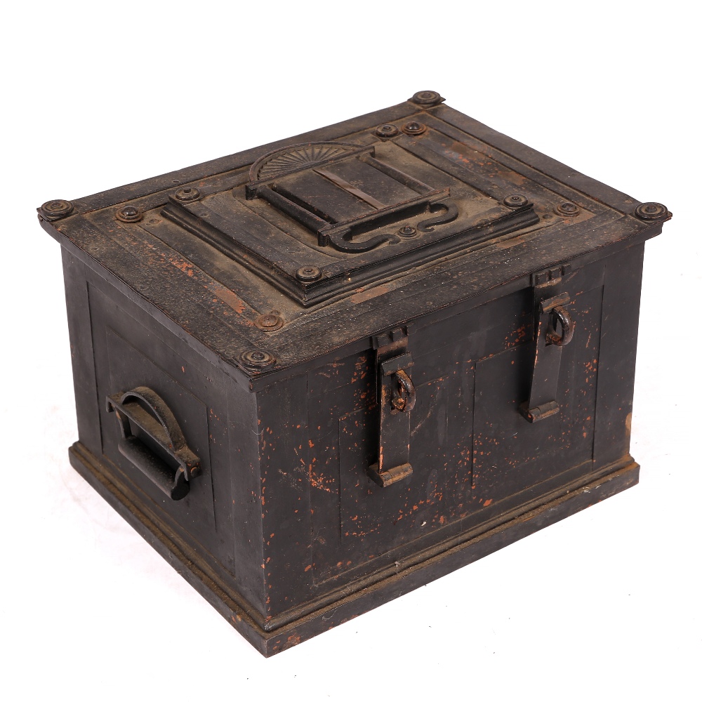 AN 18TH CENTURY CAST AND WROUGHT IRON STRONG BOX the lid with ...