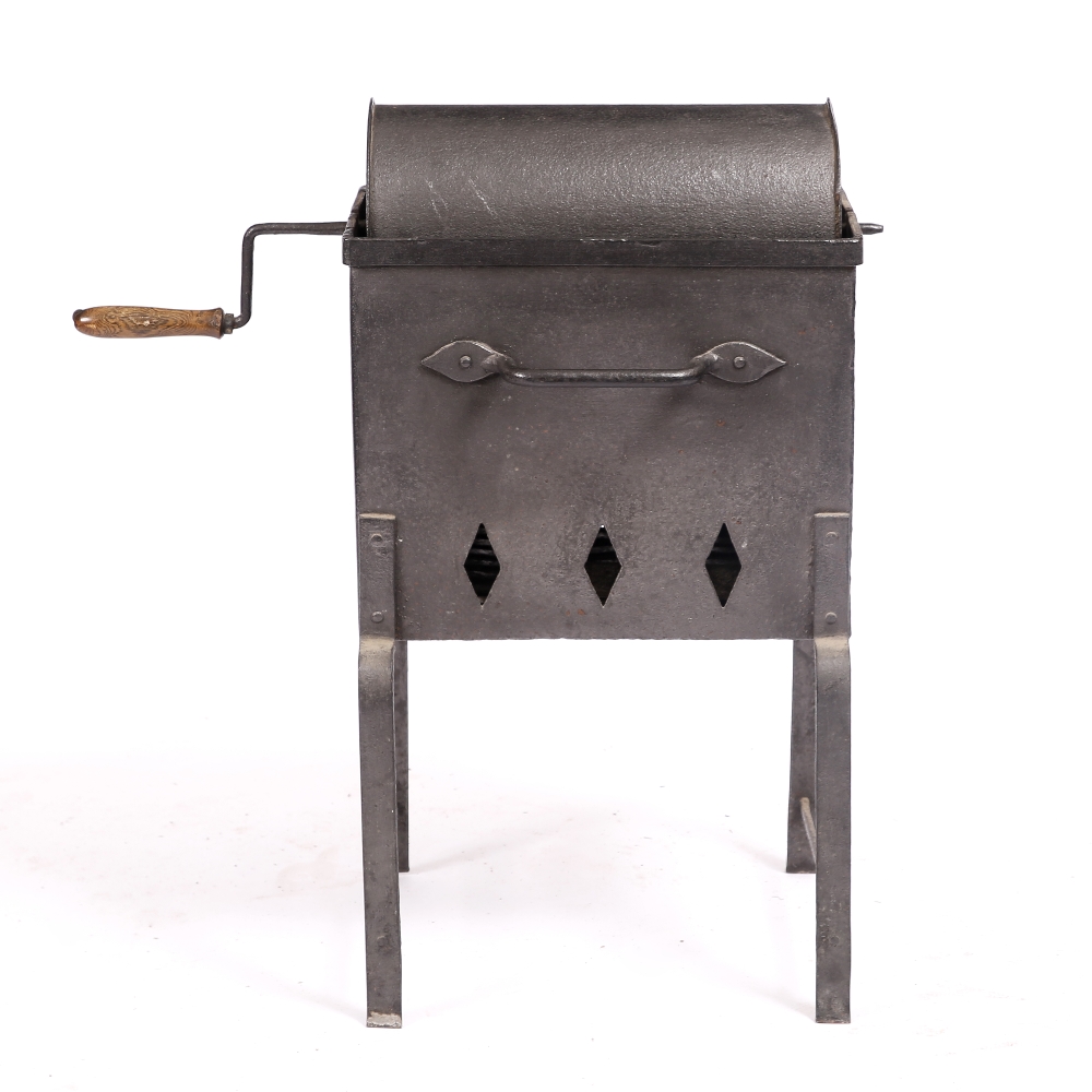 A 19TH CENTURY WROUGHT IRON CHESTNUT ROASTER with wooden handle and ...