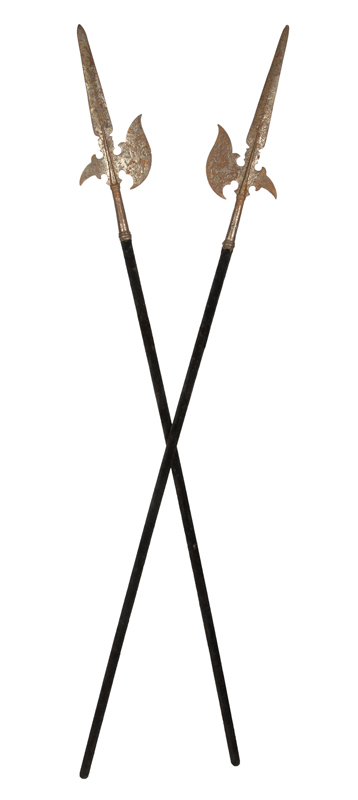 PAIR OF MEDIEVAL STYLE PIKES Two vintage decorated metal pikes with ...