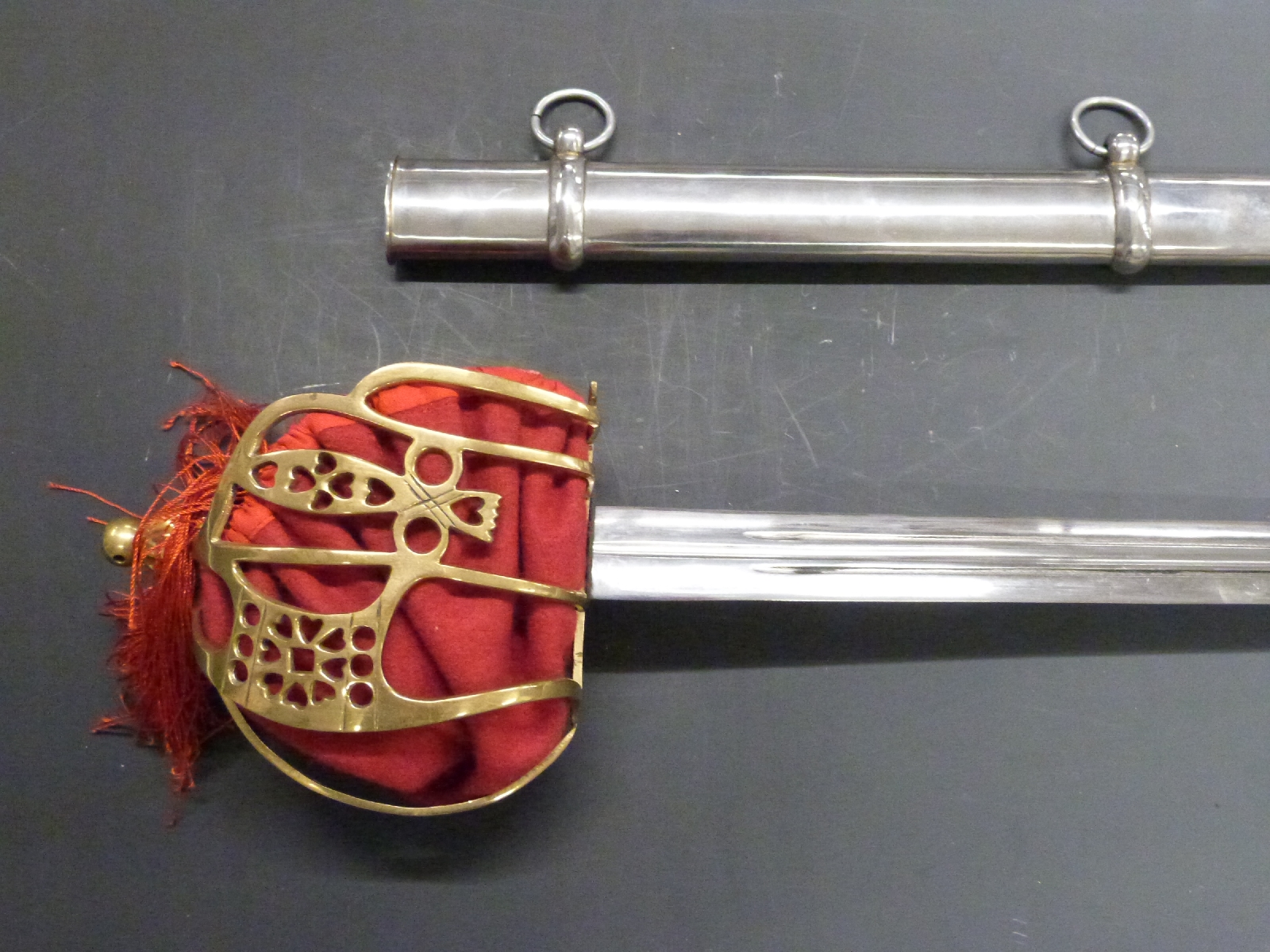 Scottish Claymore broad sword with brass basket hilt and metal scabbard ...