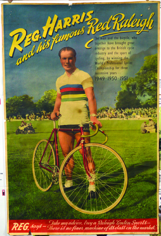 RALEIGH CYCLES MULTICOLD POSTER. 29 by 19ins, Reg Harris with his cycle ...