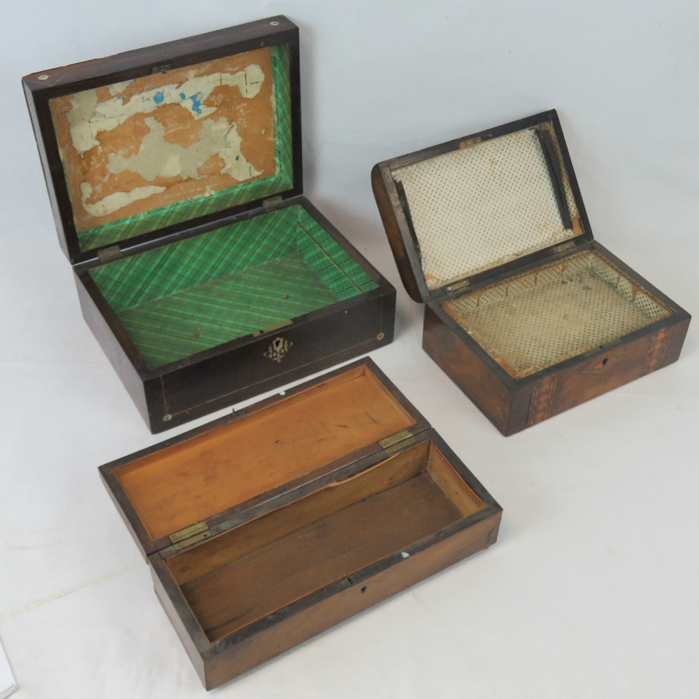 Three Victorian boxes each having decorative inlay, various sizes, a/f.