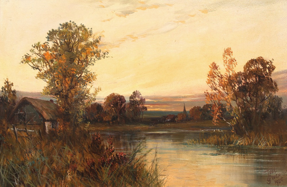 A PAIR OF OIL PAINTINGS BY JOEL OWEN depicting river scenes, each ...