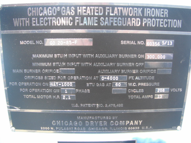 Chicago Dryer Company Flatwork Ironer model GO 20-85-F, 20" drum, 85 ...